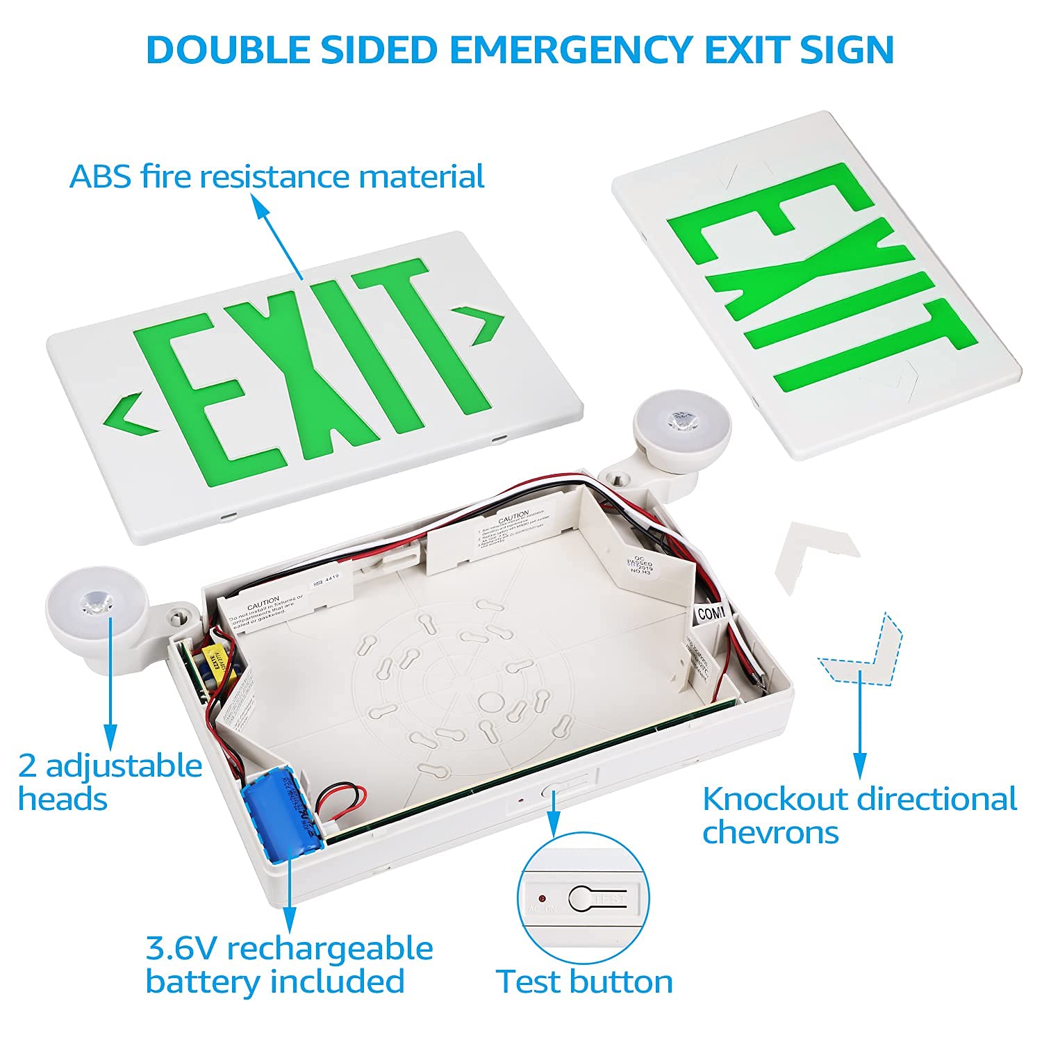 TORCHSTAR Green LED Exit Sign with Emergency Lights, UL 924, Emergency Exit Light with Battery Backup, Adjustable Heads, Fire Exit Sign with Lights, Double Face, AC 120/277V, Damp Location, Pack of 4