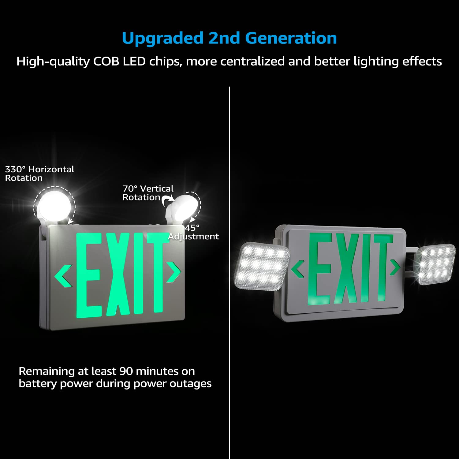 TORCHSTAR Green LED Exit Sign with Emergency Lights, UL 924, Emergency Exit Light with Battery Backup, Adjustable Heads, Fire Exit Sign with Lights, Double Face, AC 120/277V, Damp Location, Pack of 4