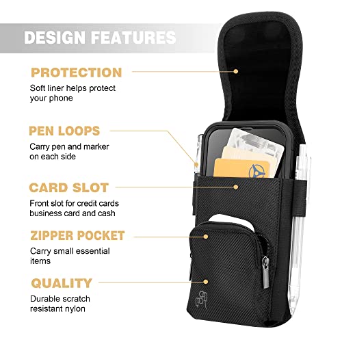 Perilogics Phone Holster with Magnetic Cover. Belt Clip Pouch for iPhone 15 Plus, 15 Pro Max, 14 Plus, iPhone 14 Pro Max, 13 Pro Max with Phone Case Installed. Zipper Storage and Credit Card Pocket