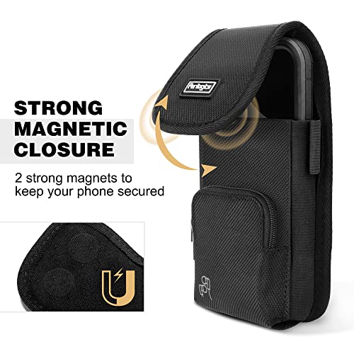 Perilogics Phone Holster with Magnetic Cover. Belt Clip Pouch for iPhone 15 Plus, 15 Pro Max, 14 Plus, iPhone 14 Pro Max, 13 Pro Max with Phone Case Installed. Zipper Storage and Credit Card Pocket