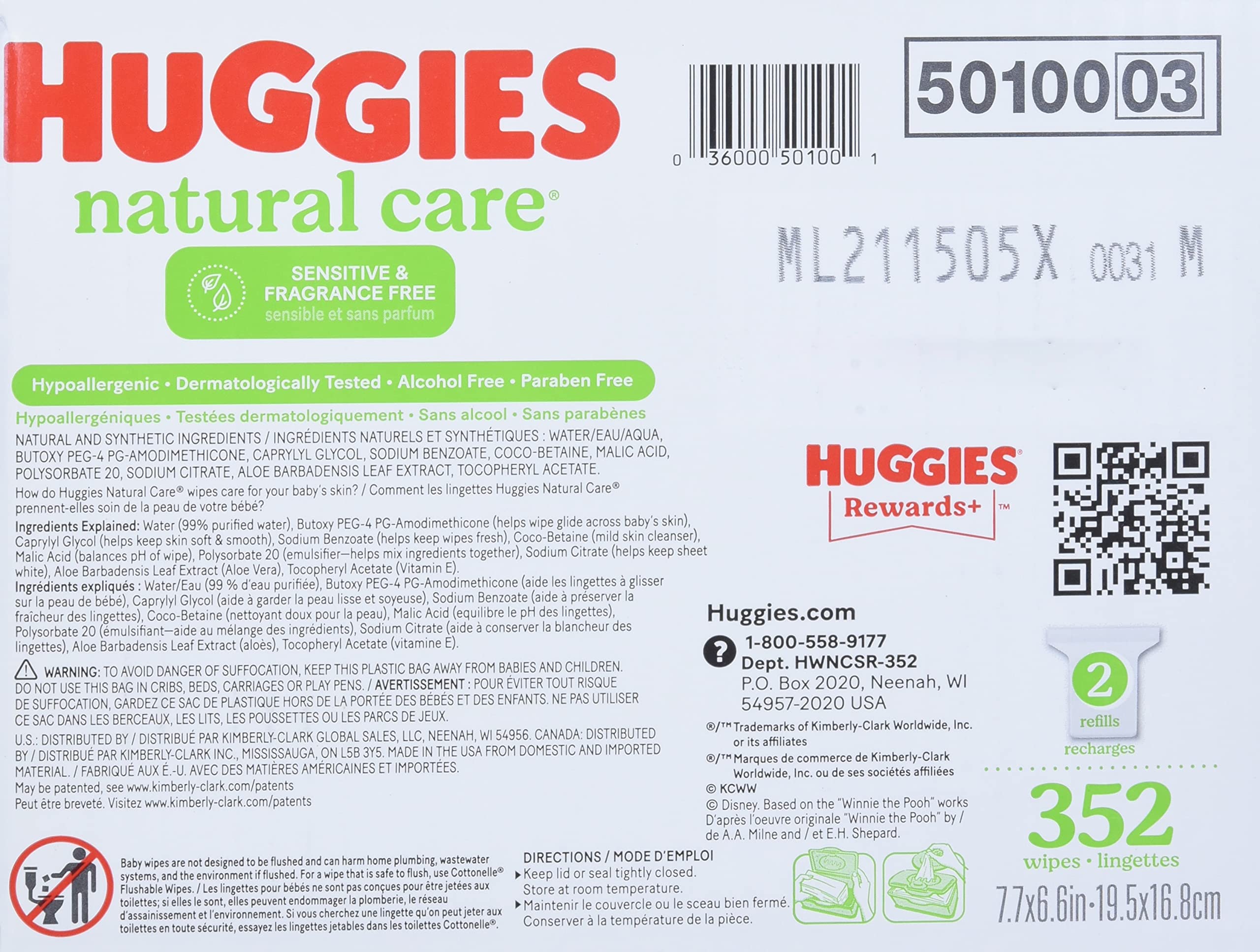 HUGGIES Natural Care Unscented Baby Wipes, Sensitive, 2 Refill Packs (352 Total Wipes)