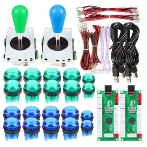 avisiri 2 player led arcade diy parts 2x usb encoder + 2x ellipse oval style joystick + 20x led arcade buttons for pc mame raspberry pi windows (green & blue kit)