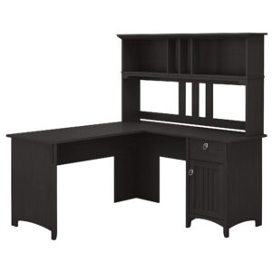 bush furniture salinas l shaped desk with hutch in vintage black | corner table with drawers and storage for home office