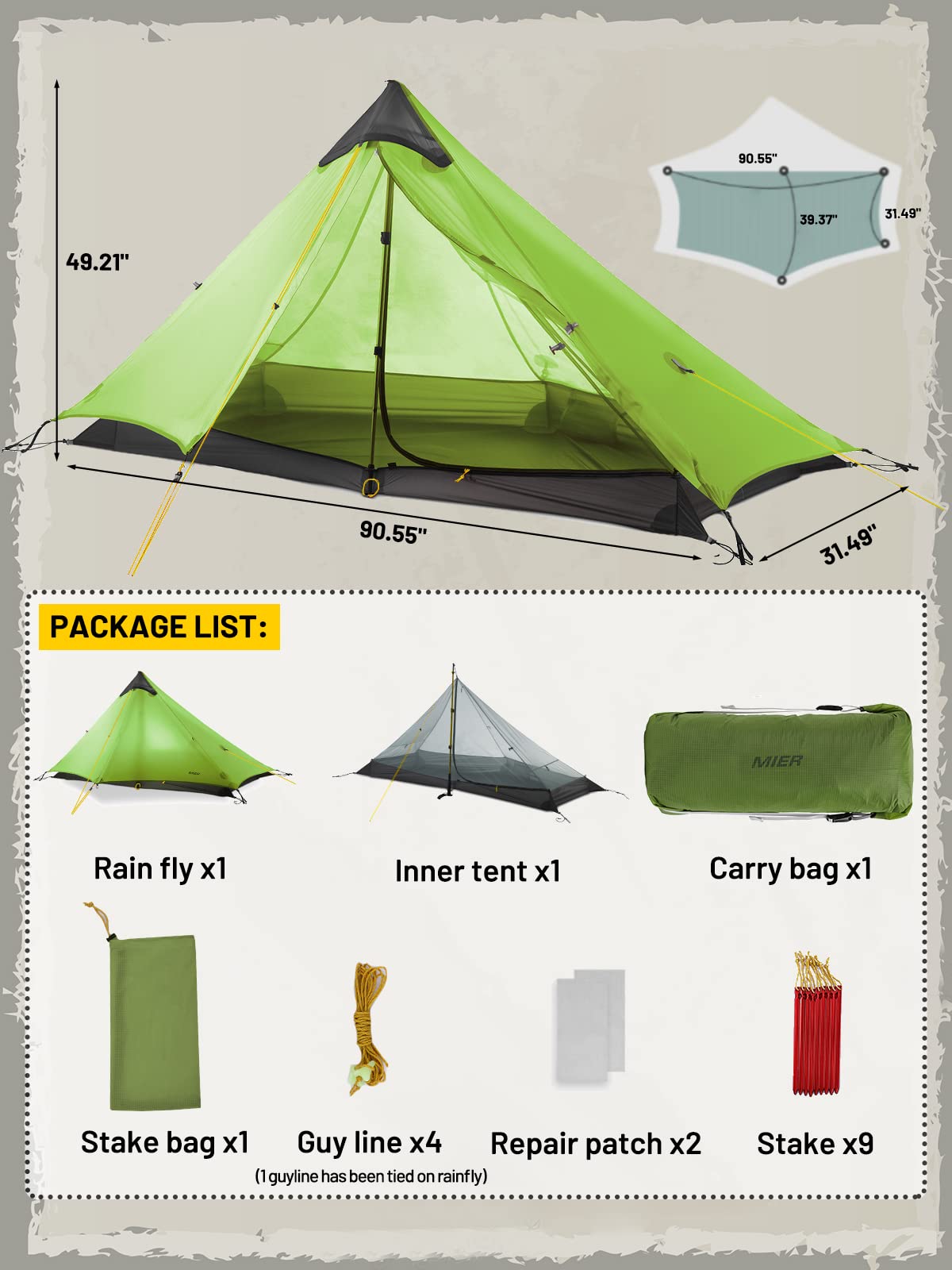 MIER Lanshan Ultralight Tent 3-Season Backpacking Tent for 1-Person or 2-Person Camping, Trekking, Kayaking, Climbing, Hiking, Green, 1-Person