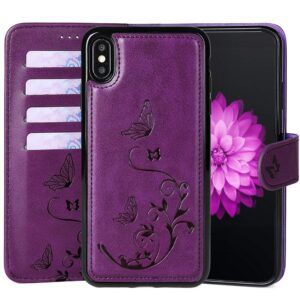 waterfox iphone xr wallet case with 4 card holder for women, detachable cover flip folio pu leather wrist strap removable magnetic kickstand with floral flower design for girls - purple