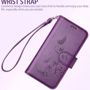 WaterFox iPhone XR Wallet Case with 4 Card Holder for Women, Detachable Cover Flip Folio PU Leather Wrist Strap Removable Magnetic Kickstand with Floral Flower Design for Girls - Purple