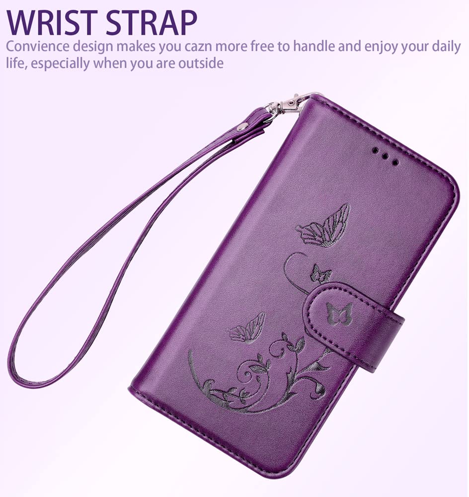 WaterFox iPhone XR Wallet Case with 4 Card Holder for Women, Detachable Cover Flip Folio PU Leather Wrist Strap Removable Magnetic Kickstand with Floral Flower Design for Girls - Purple