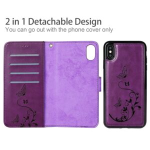 WaterFox iPhone XR Wallet Case with 4 Card Holder for Women, Detachable Cover Flip Folio PU Leather Wrist Strap Removable Magnetic Kickstand with Floral Flower Design for Girls - Purple