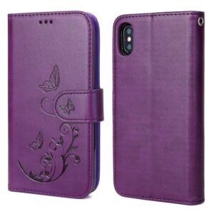 WaterFox iPhone XR Wallet Case with 4 Card Holder for Women, Detachable Cover Flip Folio PU Leather Wrist Strap Removable Magnetic Kickstand with Floral Flower Design for Girls - Purple