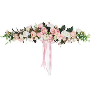 lvydec artificial rose flower swag, 25 inch decorative swag with fake roses, green leaves and silk ribbon for wedding arch front door wall decor