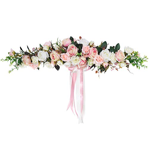 Lvydec Artificial Rose Flower Swag, 25 Inch Decorative Swag with Fake Roses, Green Leaves and Silk Ribbon for Wedding Arch Front Door Wall Decor