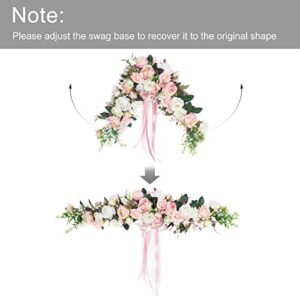 Lvydec Artificial Rose Flower Swag, 25 Inch Decorative Swag with Fake Roses, Green Leaves and Silk Ribbon for Wedding Arch Front Door Wall Decor