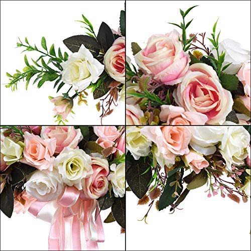 Lvydec Artificial Rose Flower Swag, 25 Inch Decorative Swag with Fake Roses, Green Leaves and Silk Ribbon for Wedding Arch Front Door Wall Decor