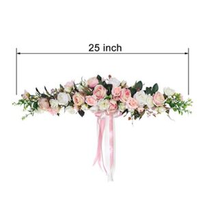 Lvydec Artificial Rose Flower Swag, 25 Inch Decorative Swag with Fake Roses, Green Leaves and Silk Ribbon for Wedding Arch Front Door Wall Decor