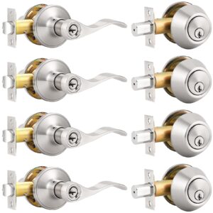 probrico 4 pack keyed alike entry handlset with single cylinder deadbolts combo pack, satin nickel door lever for front and entrance door, interior and exterior entry door knobs brushed nickel