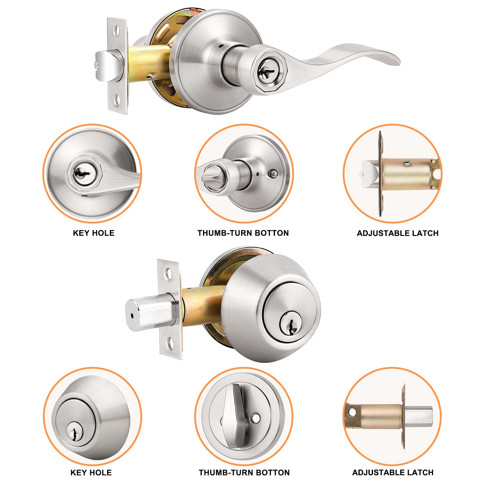 Probrico 4 Pack Keyed Alike Entry Handlset with Single Cylinder Deadbolts Combo Pack, Satin Nickel Door Lever for Front and Entrance Door, Interior and Exterior Entry Door Knobs Brushed Nickel