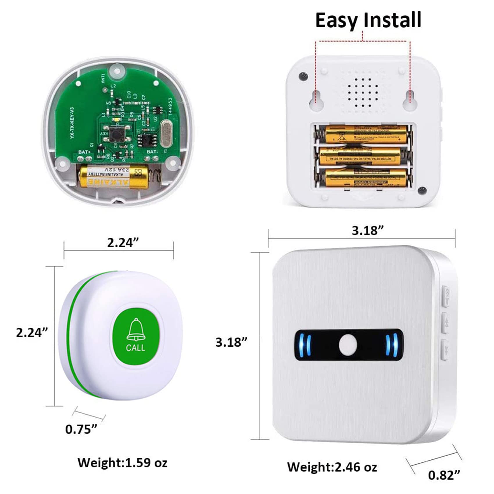 Daytech Caregiver Pager Wireless Call Button with Pager for Elderly 500 Feet Nurse Alert System with 2 Portable Receivers +3 Caregiver Call Buttons Panic Button Elderly Pager Emergency Alert Button