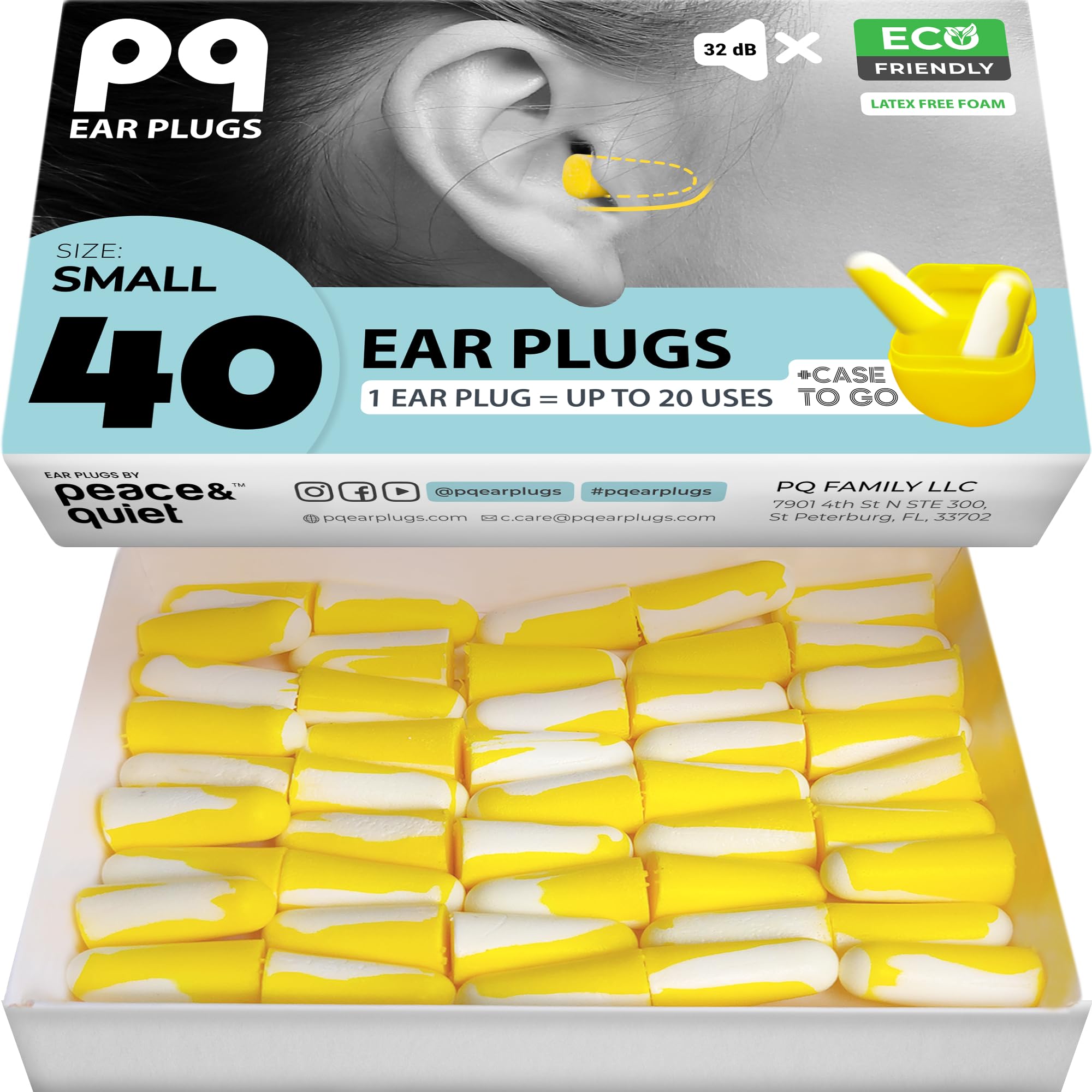 PQ Small Ear Plugs for Sleep - 40 Small Foam Earplugs for Sleeping for Small Ear Canals. Noise Cancelling 32 dB, Sound Blocking, Premium Soft Earplugs for Women and Men, Ear Plugs to Block Snoring