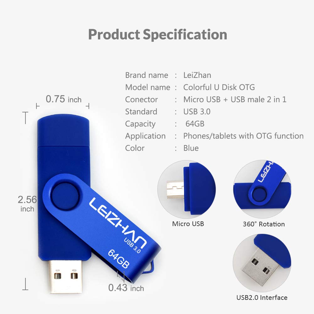 leizhan 128GB Flash Drive for Samsung Galaxy S4 S5 S6 S7 HTC Nokia Moto Huawei, Micro-USB 3.0, Blue