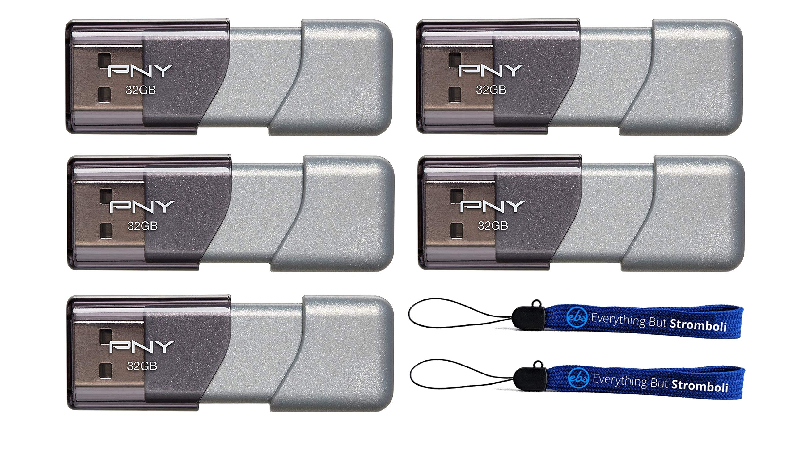 PNY 32GB USB 3.0 Flash Drive Elite Turbo Attache 3 (Five Pack) Model P-FD32GTBOP-GE Bundle with (2) Everything But Stromboli Lanyard