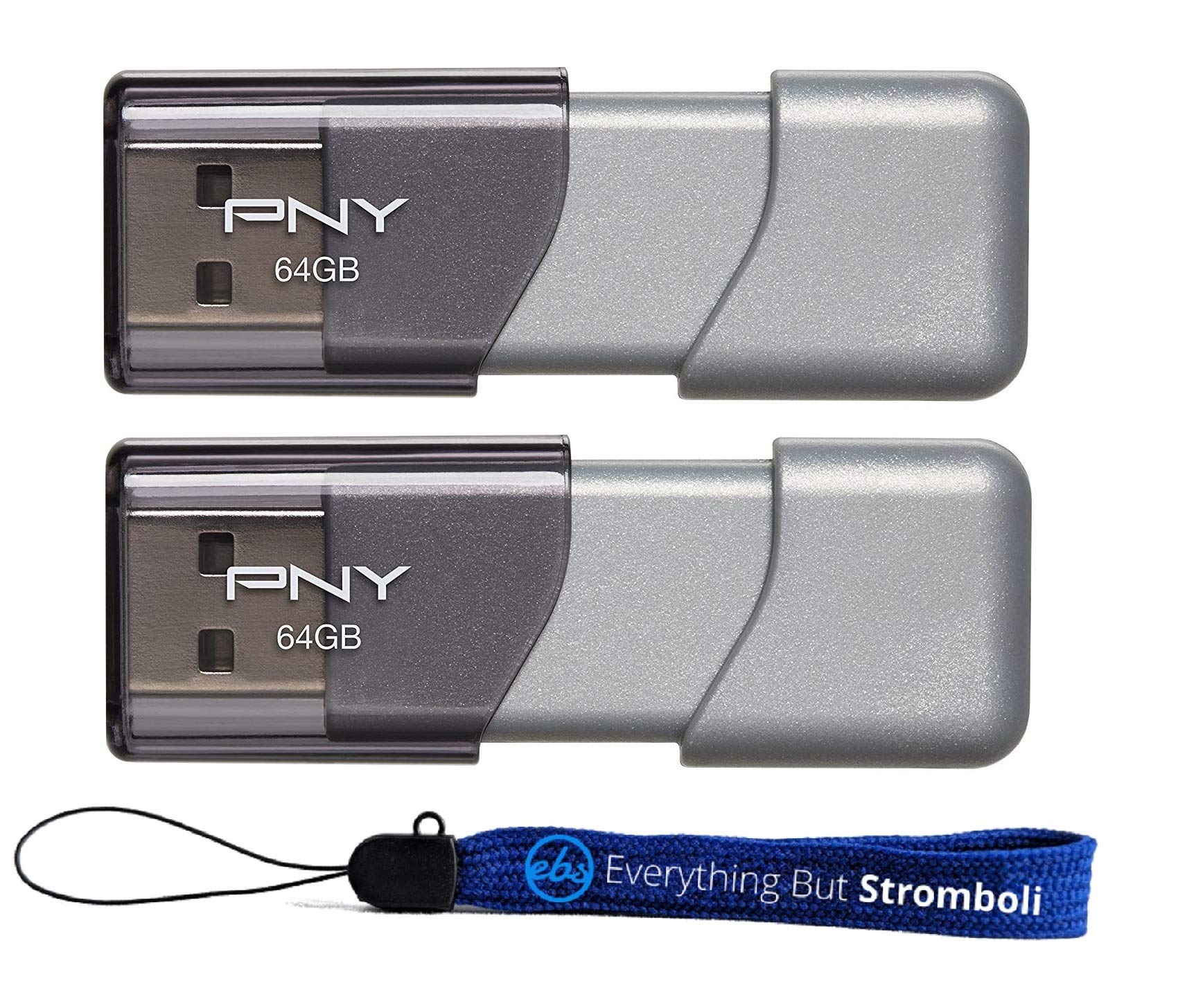 PNY USB 3.0 Flash Drive Elite Turbo Attache 3 Two Pack Bundle with (1) Everything But Stromboli Lanyard (64GB 2 Pack, Gray)