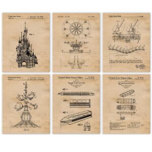 vintage amusement park rides patent prints, 6 (8x10) unframed photos, wall art decor gifts under 25 for home office garage studio shop man cave college student teacher coach walter disney movies fans