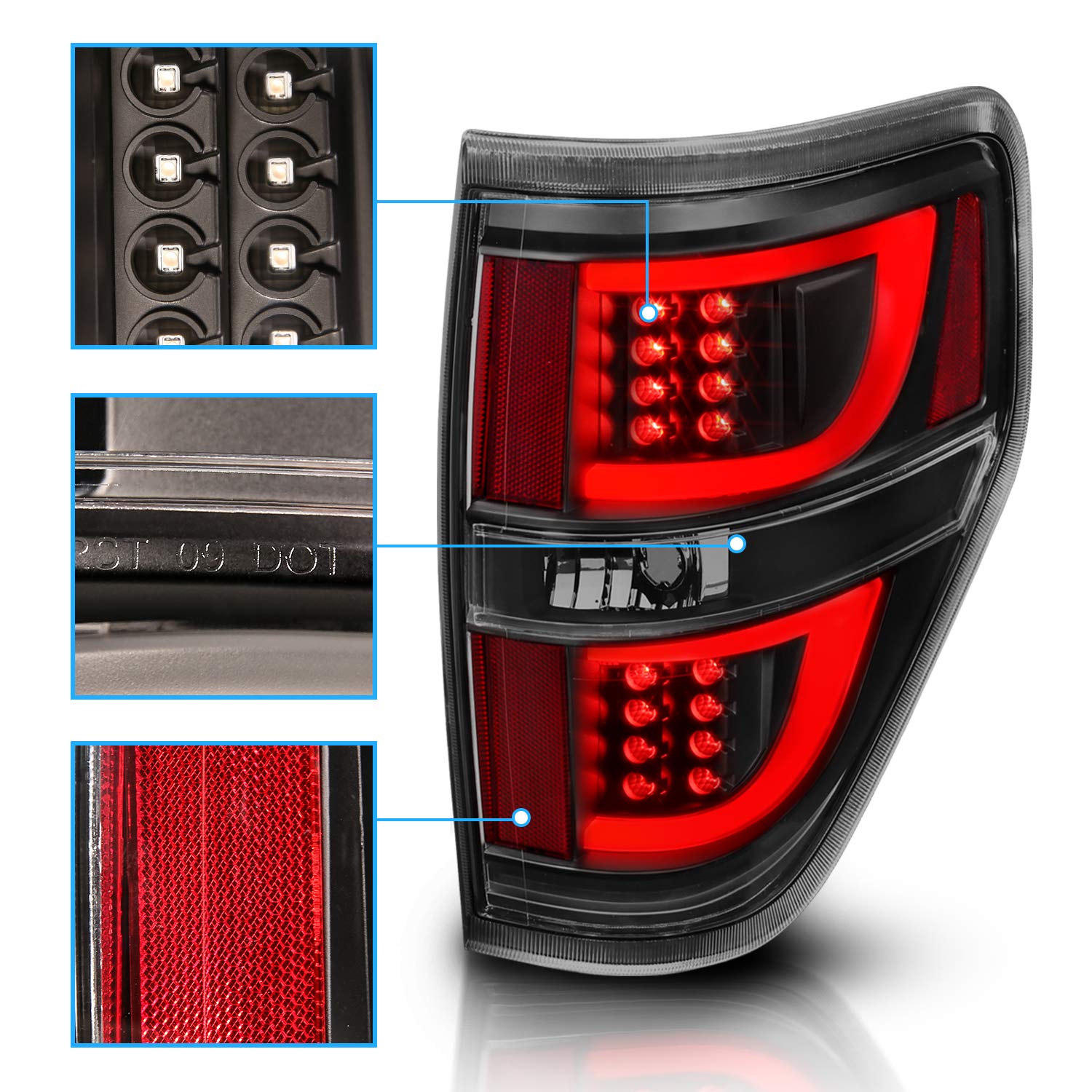 AmeriLite LED Light Bar Replacement Car Tail lights Set For 09-14 Ford F-150 - Passenger and Driver Side, Vehicle Light Assembly, Black