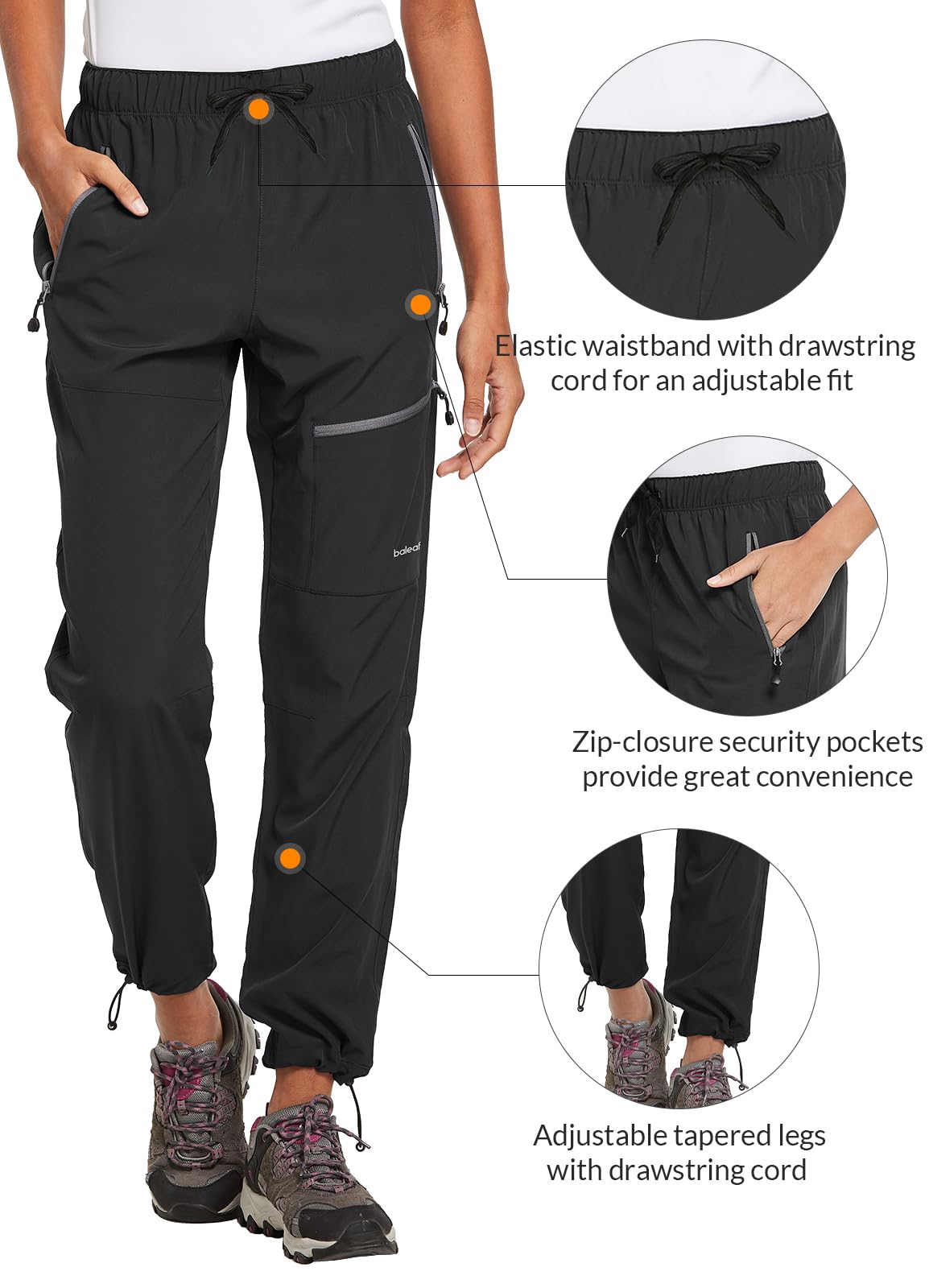 BALEAF Women's Hiking Pants Quick Dry Water Resistant Lightweight Joggers Pant for All Seasons Elastic Waist Black Size L