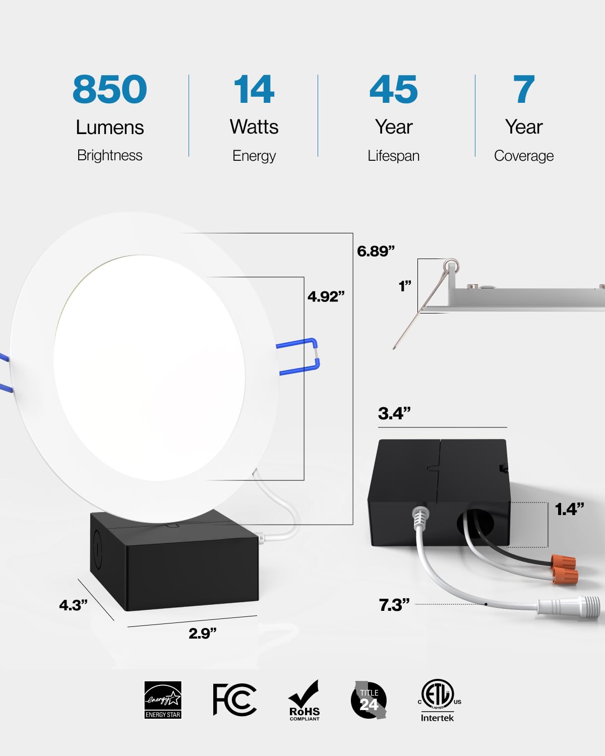 Sunco Lighting 6 Pack 6 Inch Ultra Thin LED Recessed Ceiling Lights, 5000K Daylight, Dimmable, 14W, Wafer Thin, Canless with Junction Box - Energy Star