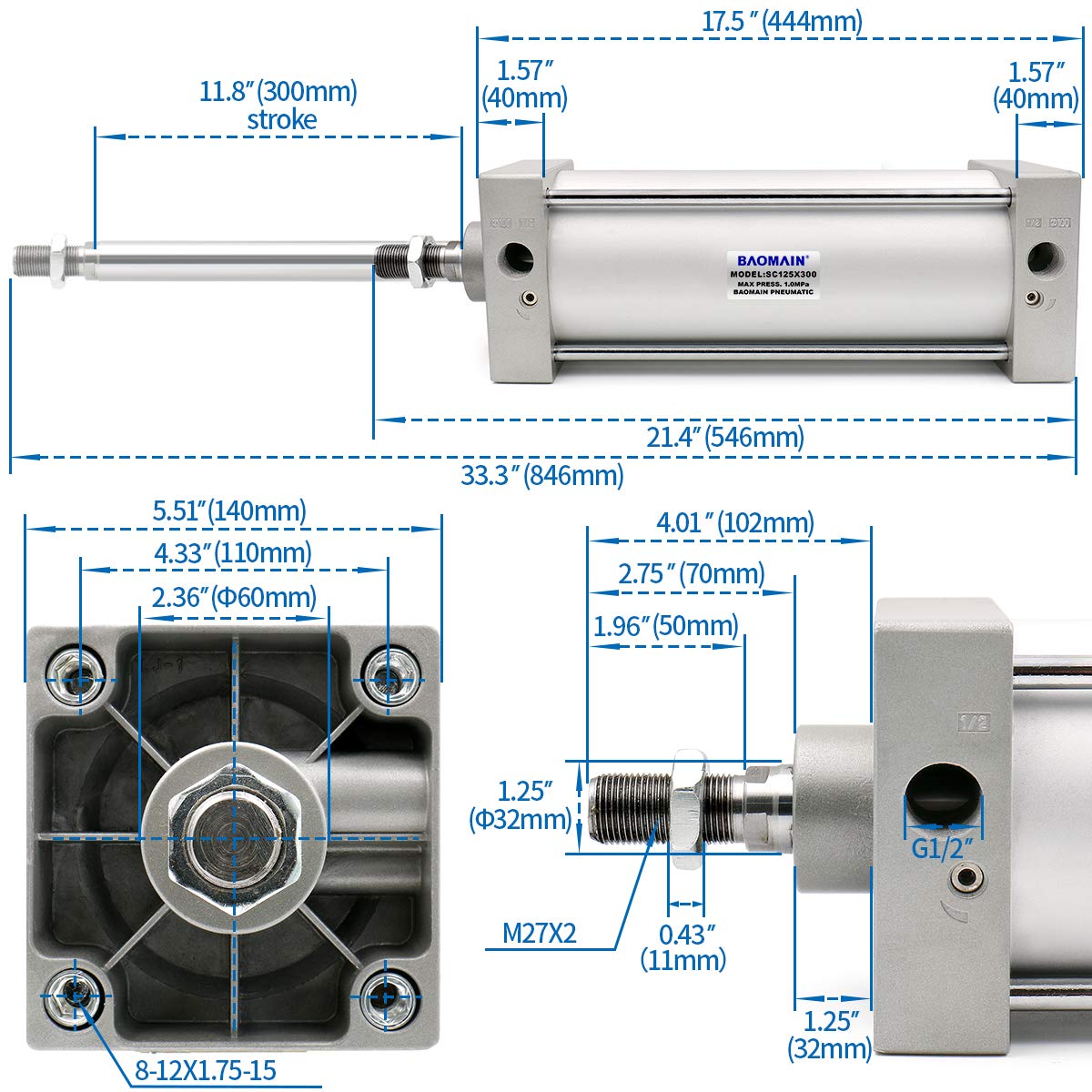 Baomain Pneumatic Air Cylinder SC 125-300 PT 1/2; Bore: 5", Stroke: 12"; Screwed Piston Rod Dual Action