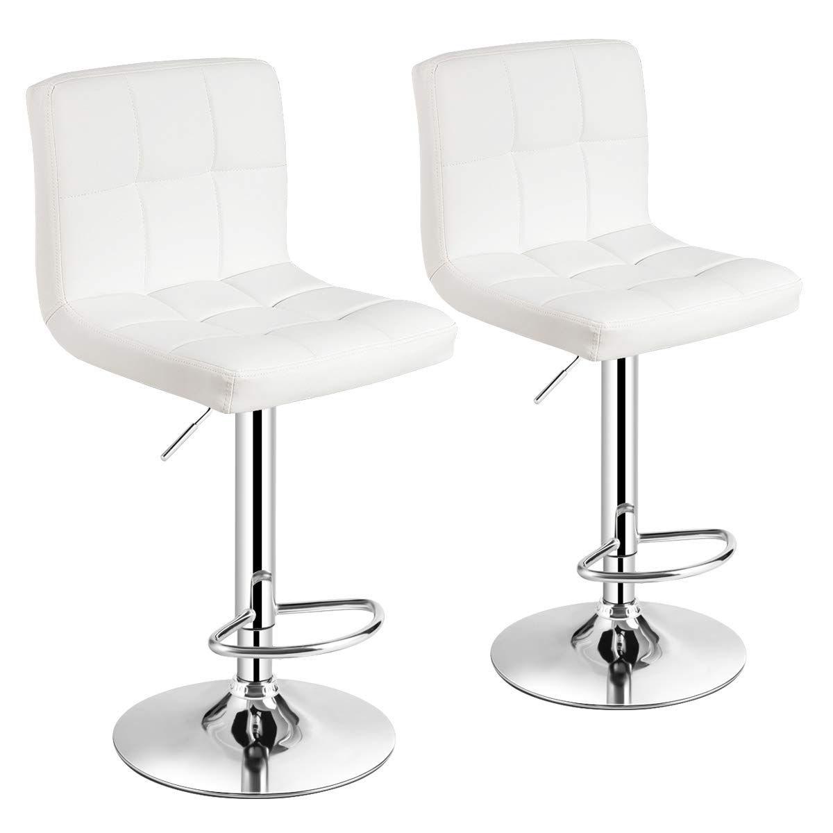 COSTWAY Bar Stool, Comfortable Swivel Adjustable PU Leather Bar Chair with Backrest, Soft Cushioned Seat, Footrest, Sturdy Metal Frame, Barstools for Kitchen, Pub(White, Set of 2)