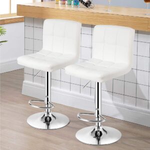 COSTWAY Bar Stool, Comfortable Swivel Adjustable PU Leather Bar Chair with Backrest, Soft Cushioned Seat, Footrest, Sturdy Metal Frame, Barstools for Kitchen, Pub(White, Set of 2)