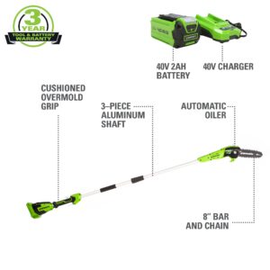 Greenworks 40V 8-Inch Cordless Polesaw, 2.0Ah Battery and Charger Included PS40B210