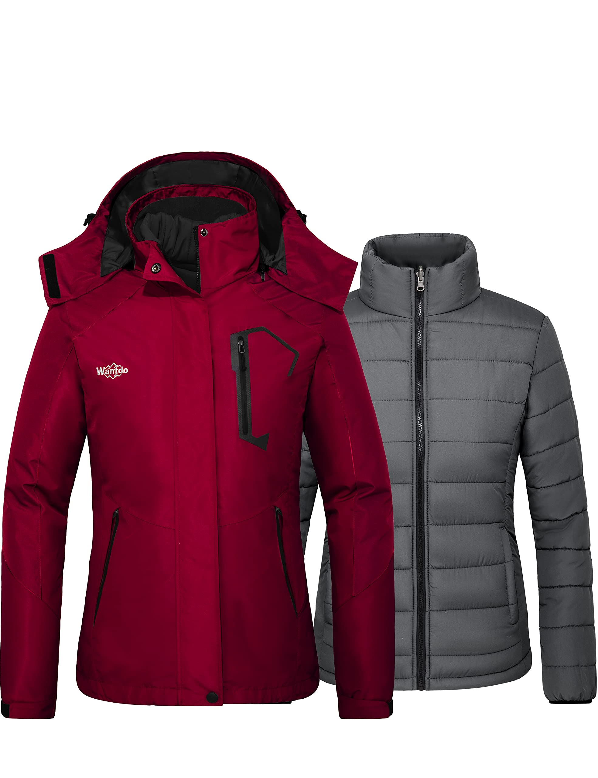 wantdo Women's 3 in 1 Ski Jacket Puffer Liner Insulated Hiking Coat Red X-large