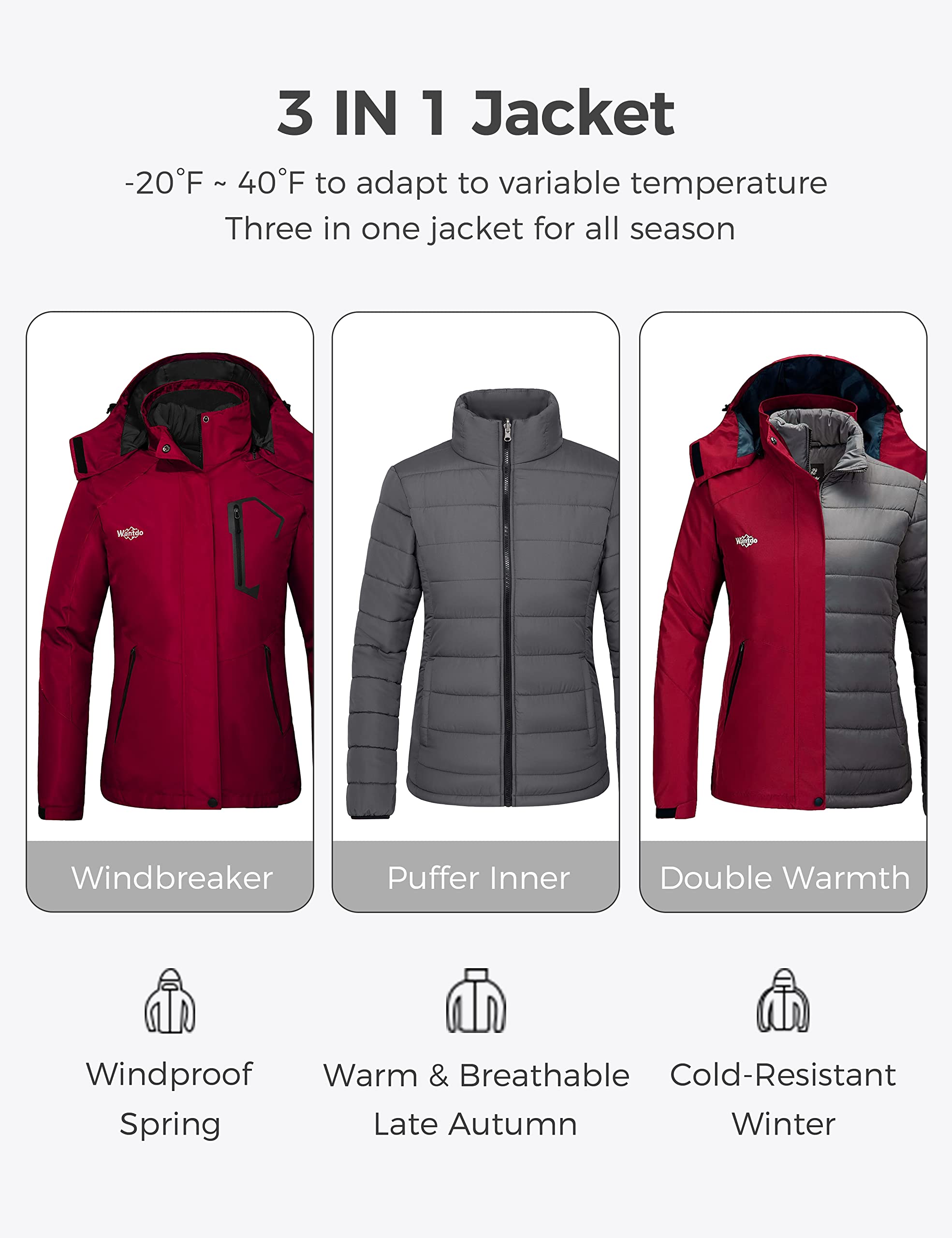 wantdo Women's 3 in 1 Ski Jacket Puffer Liner Insulated Hiking Coat Red X-large