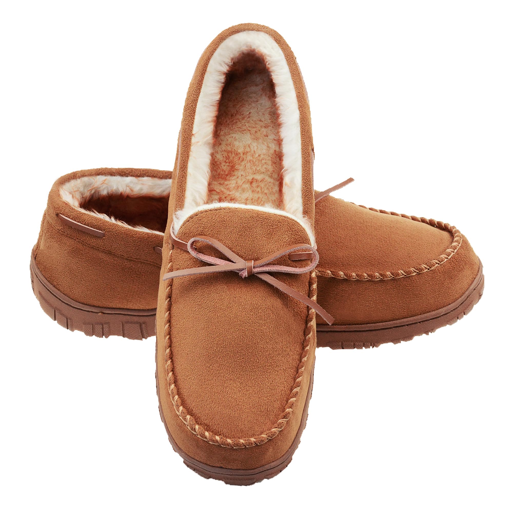 LA PLAGE Mens Slippers Moccasin Memory Foam Warm Plush House Slippers, Indoor Outdoor Comfortable Winter House Shoes 12 US Brown