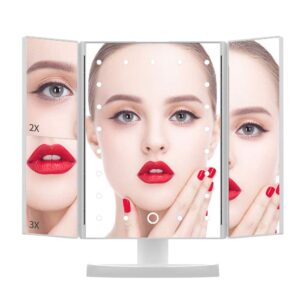 diozo makeup mirror with lights, makeup 21 led vanity mirror, lighted up mirror with touch screen switch, 180 degree rotation, dual power supply, portable white trifold mirror