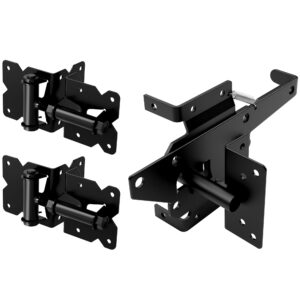 winsoon stainless steel self closing gate hinge and latch hardware kit, heavy duty adjustable tension gate hinges 2-pack & 1-automatic latch, gate hardware kit for wood/vinyl fence gate