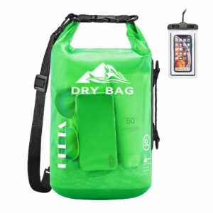 heeta waterproof dry bag for women men, roll top lightweight dry storage bag backpack with phone case for travel, swimming, boating, kayaking, camping and beach, transparent green 20l