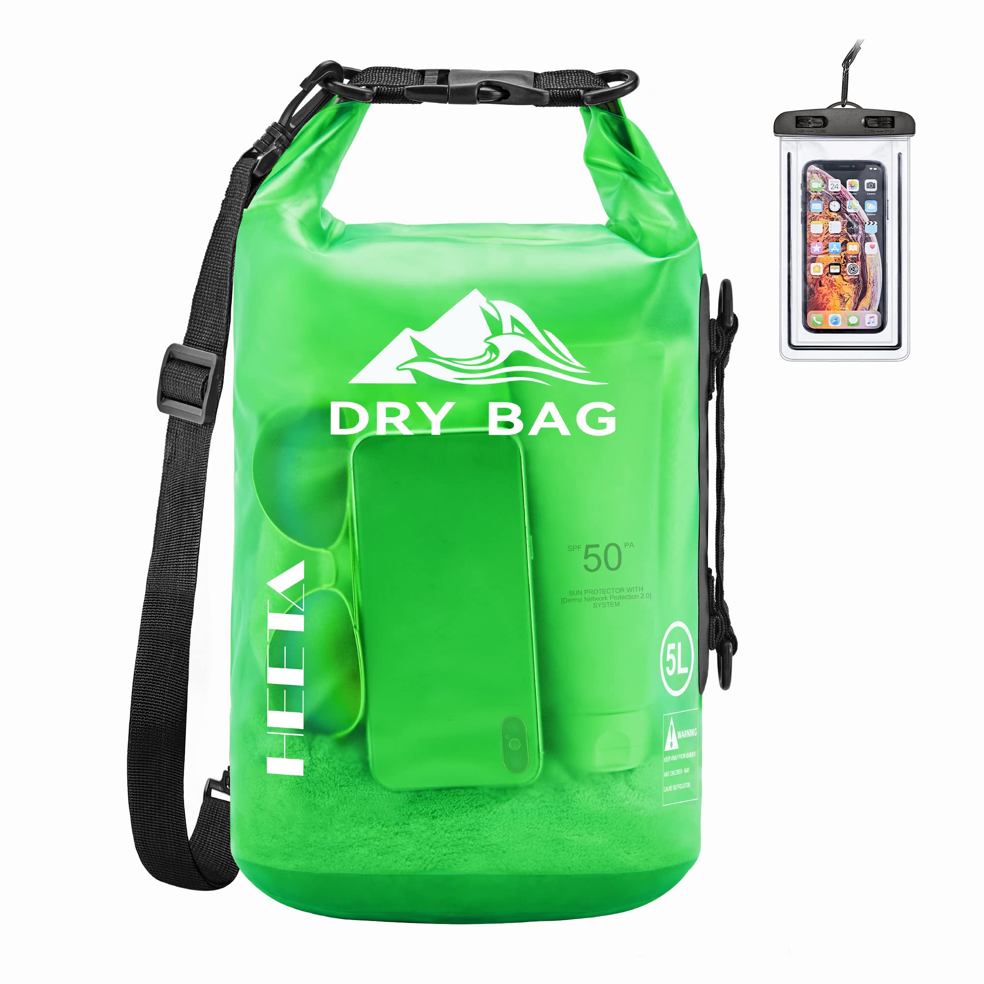 HEETA Waterproof Dry Bag for Women Men, Roll Top Lightweight Dry Storage Bag Backpack with Phone Case for Travel, Swimming, Boating, Kayaking, Camping and Beach, Transparent Green 20L