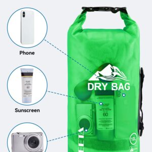 HEETA Waterproof Dry Bag for Women Men, Roll Top Lightweight Dry Storage Bag Backpack with Phone Case for Travel, Swimming, Boating, Kayaking, Camping and Beach, Transparent Green 20L