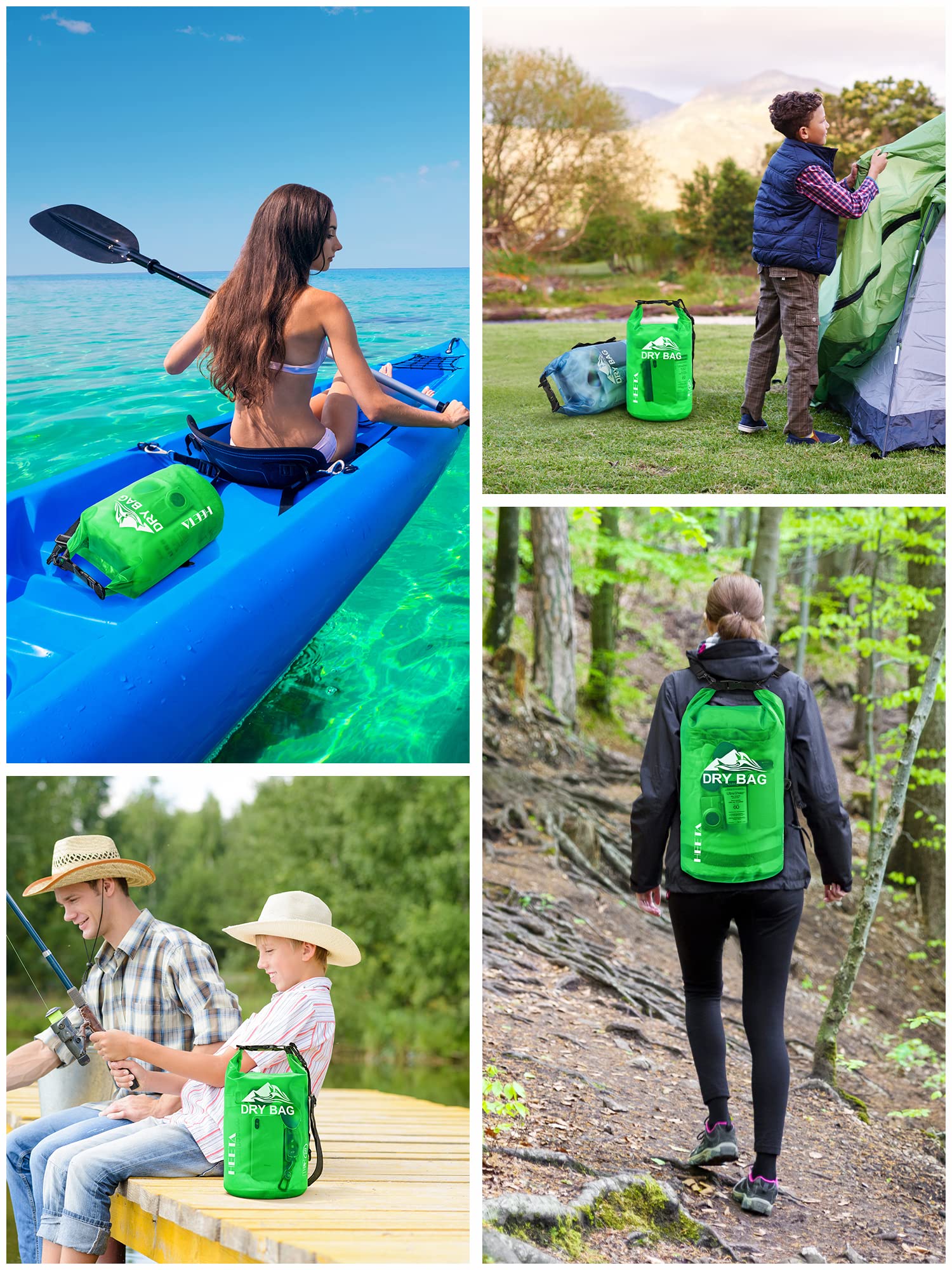 HEETA Waterproof Dry Bag for Women Men, Roll Top Lightweight Dry Storage Bag Backpack with Phone Case for Travel, Swimming, Boating, Kayaking, Camping and Beach, Transparent Green 20L