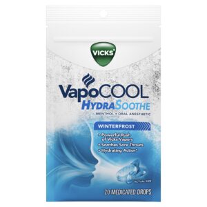 vicks vapocool hydrasoothe medicated drops, best relief to soothe sore throat pain, 20 count