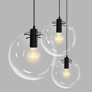 H XD GLOBAL E27 Industrial Clear Glass Globe Shade Pendant Lighting Modern Kitchen LOFT Hanging Light-1 Light (30cm)