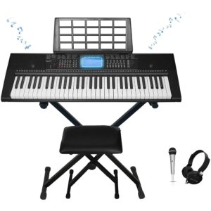 technical pro 61 keys electric piano learning keyboard bundle with seat, stand and mic, 3x learning mode, built in speaker headphone, lcd display, led lights, seat/stand included, usb, wired mic