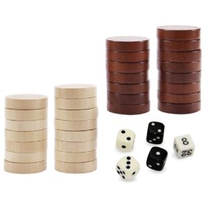 asney wooden backgammon pieces, solid wood checker pieces set board game table chips and 5 dices, includes storage bag (1.34")