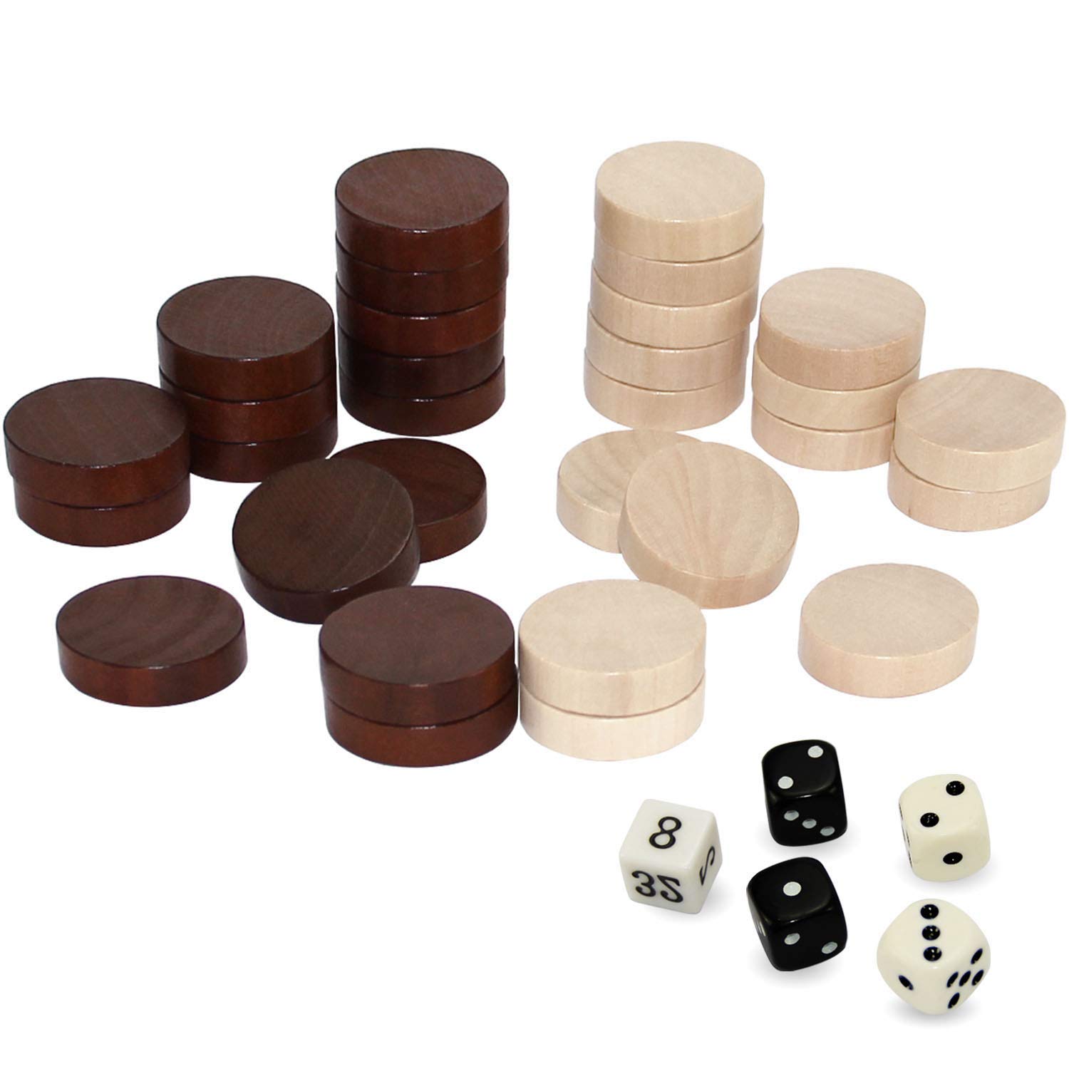 ASNEY Wooden Backgammon Pieces, Solid Wood Checker Pieces Set Board Game Table Chips and 5 Dices, Includes Storage Bag (1.34")