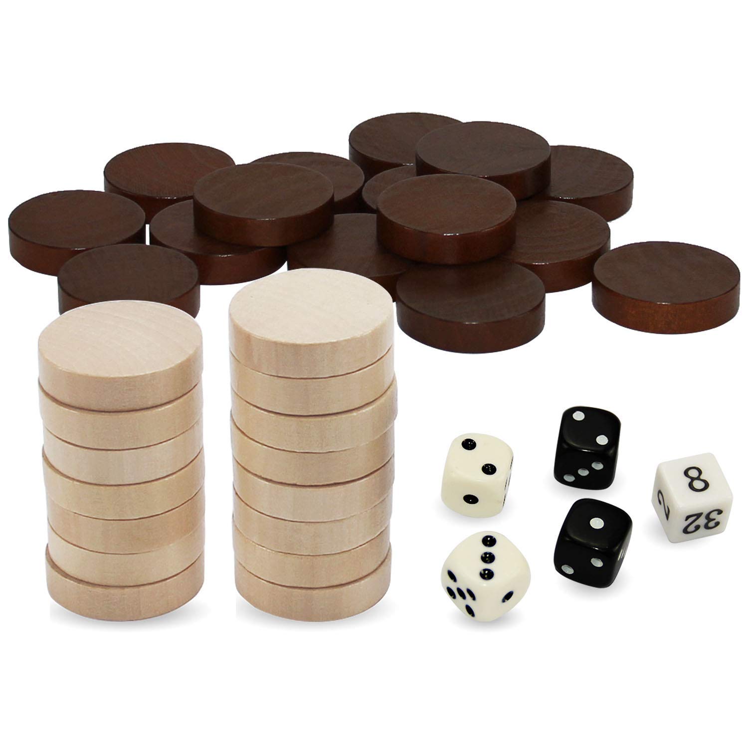 ASNEY Wooden Backgammon Pieces, Solid Wood Checker Pieces Set Board Game Table Chips and 5 Dices, Includes Storage Bag (1.34")