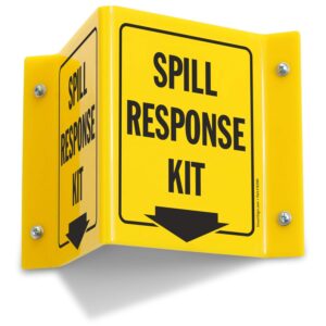 smartsign "spill response kit" projecting v-sign polished acrylic with flame treated edge, black on yellow | 5" x 6"