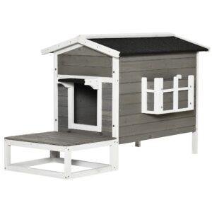 pawhut wooden cat house outdoor with door, weatherproof 2-floor cat shelter with asphalt roof, balcony, dark gray